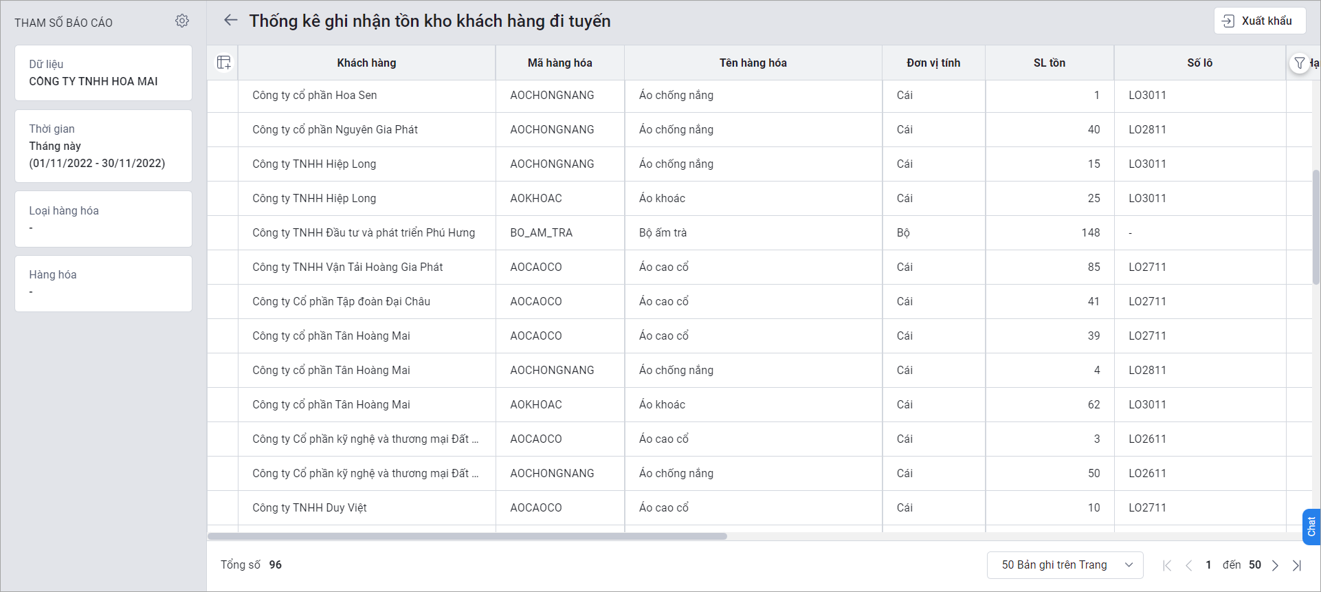 Báo cáo Thống kê ghi nhận tồn kho khách hàng đi tuyến - HELP AMIS CRM