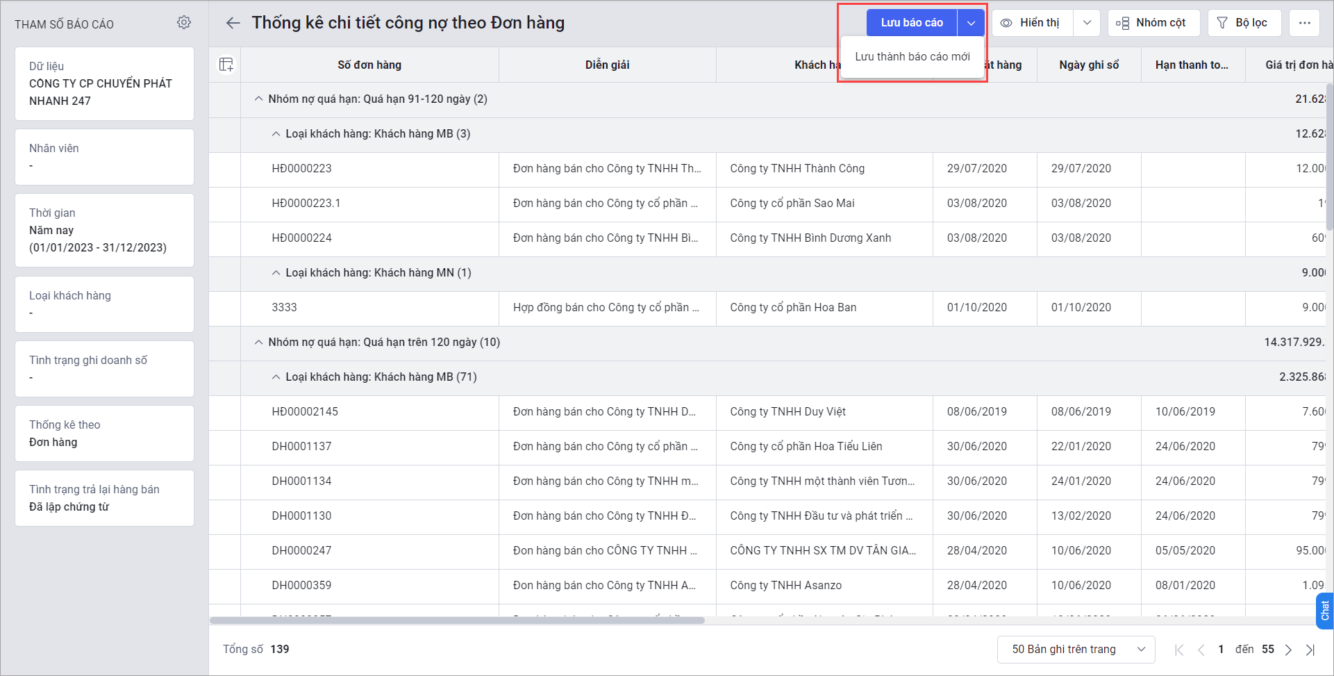 Báo cáo Thống kê chi tiết công nợ theo Đơn hàng - HELP AMIS CRM