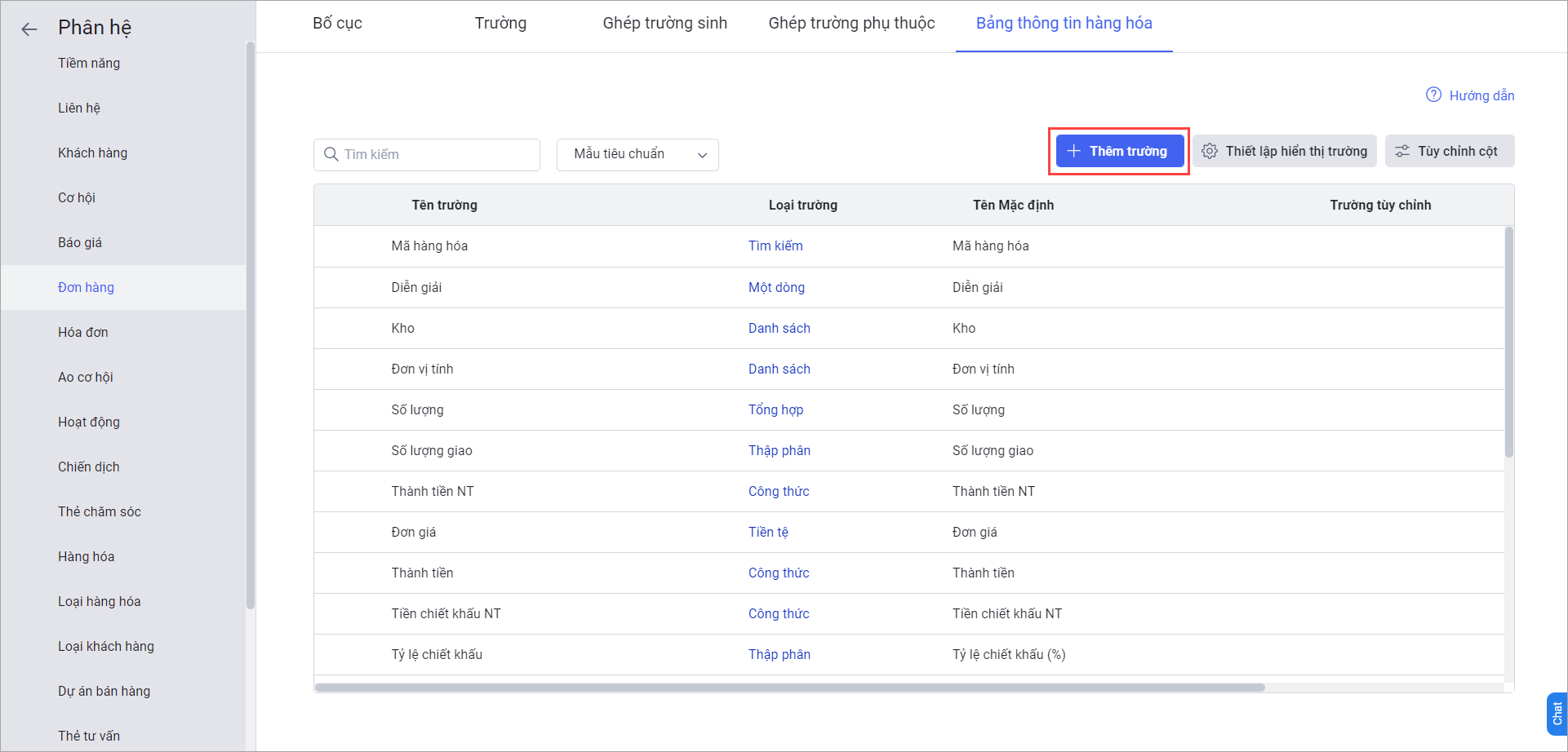 Tùy chỉnh trường tại bảng thông tin hàng hóa - HELP AMIS CRM