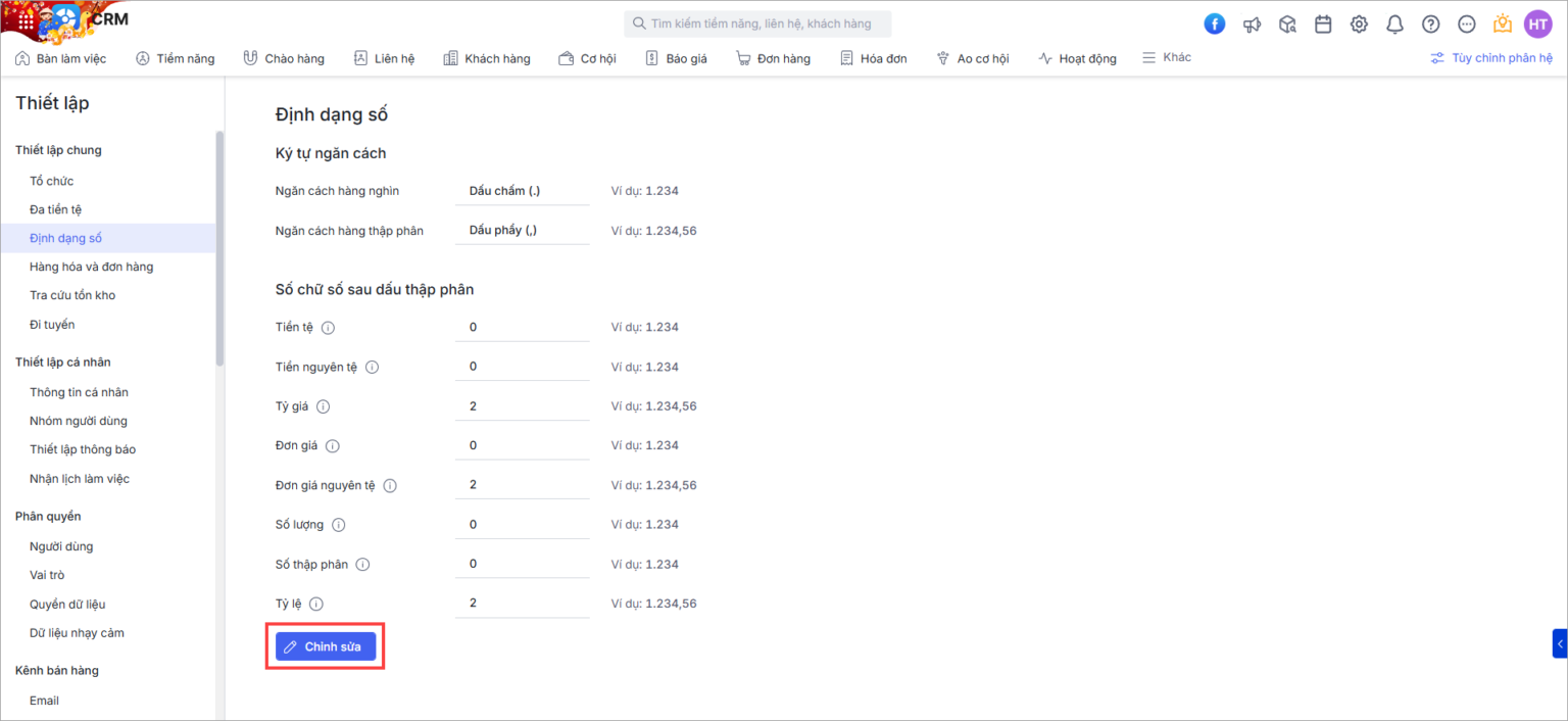 Thiết lập Định dạng số - HELP AMIS CRM